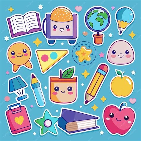 Colorful Stickers Of School Supplies With Cute Faces Premium Ai