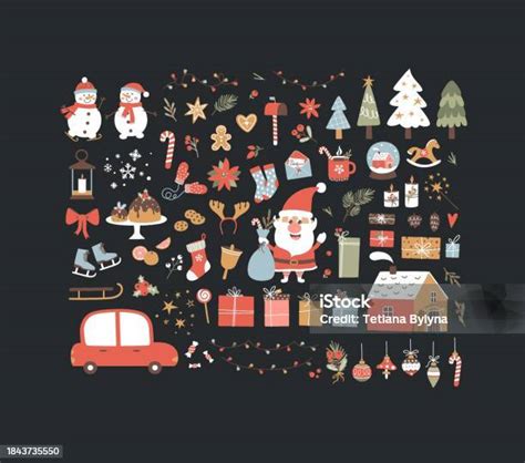 산타 눈사람 선물 상자 과자 크리스마스 트리 장식 및 용품이 있는 크리스마스 벡터 클립아트 모음입니다 0명에 대한 스톡 벡터 아트 및 기타 이미지 Istock