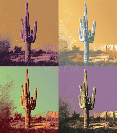 Four Panel Artwork Featuring A Saguaro Cactus Carnegiea Gigantea In A