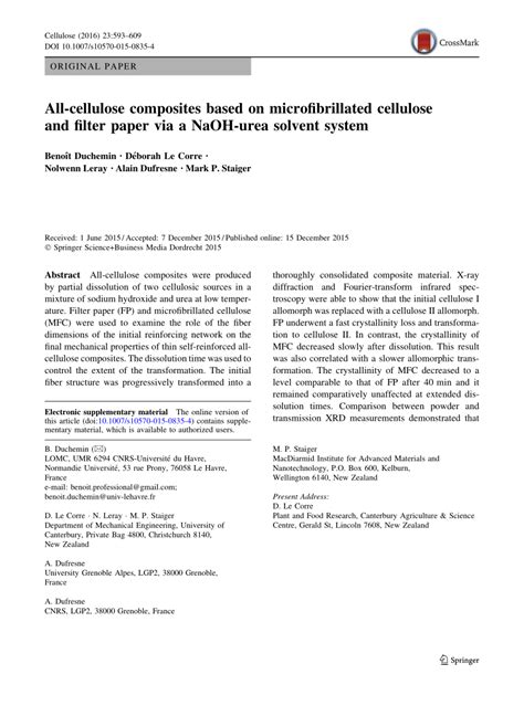 Pdf All Cellulose Composites Based On Microfibrillated Cellulose And Filter Paper Via A Naoh