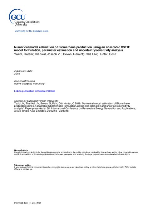 Pdf Numerical Model Estimation Of Biomethane Production Using An Anaerobic Cstr Model
