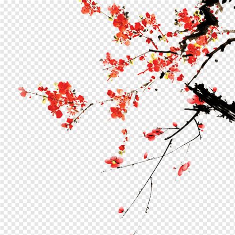 잉크 세척 그림 Chinoiserie 빨강 매화 잉크 잎 분기 Png Pngwing