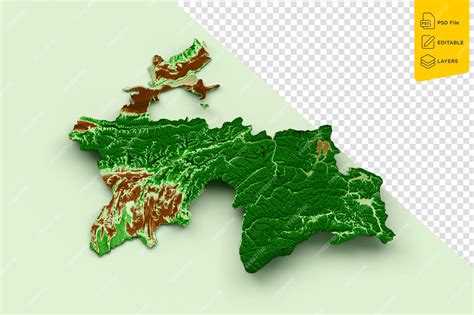 タジキスタンの地形地図 3d リアルな地図 パステル緑の背景の色 3d イラスト プレミアムpsdファイル
