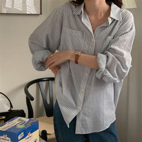 제이제니 [가을🍁] 뷰런 스트라이프 롱 셔츠 남방 Sh9807 간절기 카라 스트라이프 단가라 무지 루즈핏 오버핏 래글런 기본