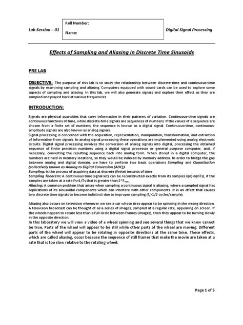 Lab 1 Effects Of Sampling And Aliasing In Discrete Time Sinusoids Pdf