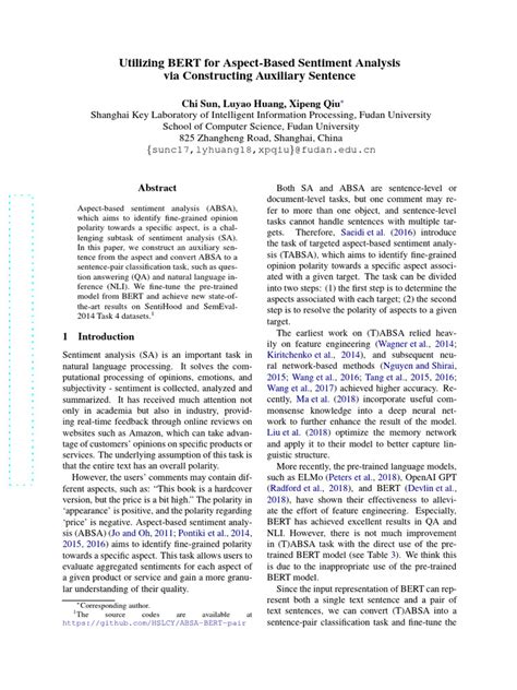Utilizing Bert For Aspect Based Sentiment Analysis Paper 9 Pdf Artificial Intelligence