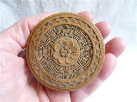 Vintage Hand Carved Wooden Round Trinket Box Snuff Flower Signed Black