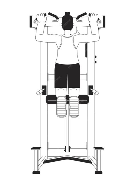 Pullup 기계에 끌어 올리는 남자 평평한 선 검은 ⁇ ⁇ 터 캐릭터 편집 가능한 전체 몸 윤 ⁇ 사람 몸무게 운동 스포츠맨 간단한 만화 고립된 스 ⁇ 웹 디자인에 대한