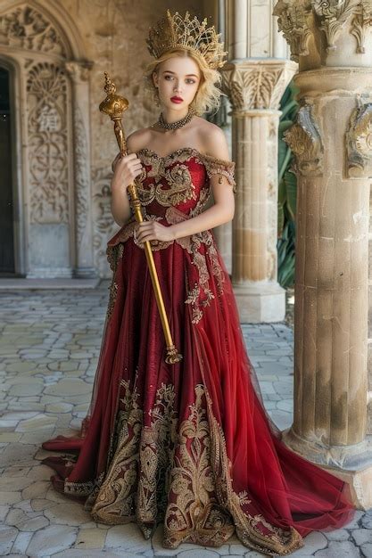 Premium Photo Majestic Young Queen In Elegant Red Gown With Golden