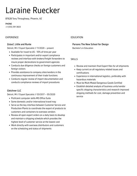 Export Specialist Resume Samples Velvet Jobs