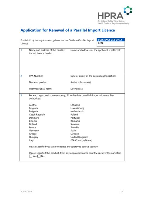 Application For Renewal Of A Parallel Import Licence