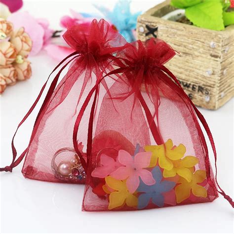 Pcs X Cm Drawable Dark Red Color Small Organza Bags Wedding Christmas Gift Bag Jewelry