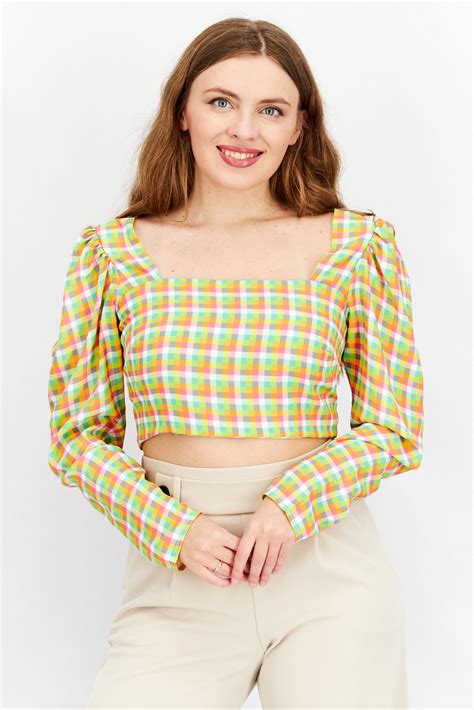 Buy Twisted Wunder Women Square Neck Long Sleeve Gingham Patten Crop