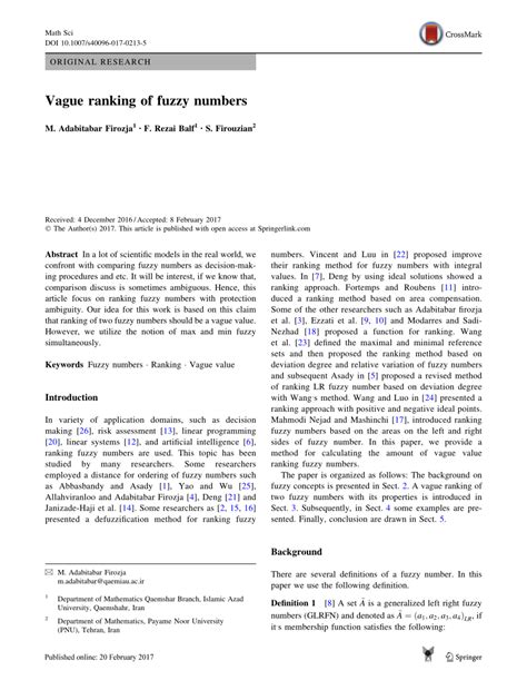 Pdf Vague Ranking Of Fuzzy Numbers