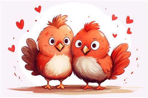 Two Adorable Cartoon Birds Celebrating Love With Hearts Illustration