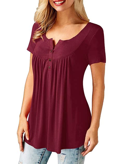 Amoretu Womens Tunic Tops Short Sleeve Henley T Shirts Solid Blouses