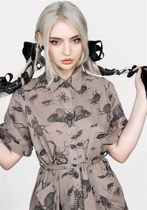 Parasite Bugs Print Midi Short Sleeve Shirt Dress Taupe Disturbia