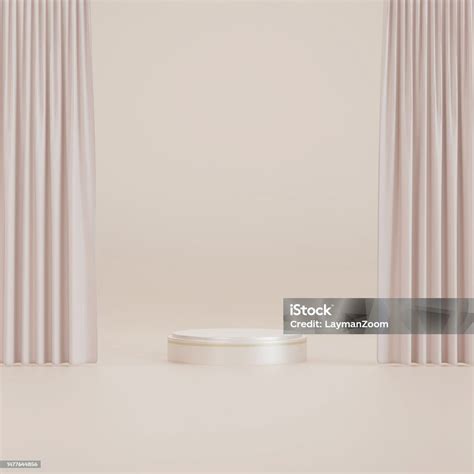 실버 실린더 받침대 연단과 파스텔 커튼 제품 전시 발표 3d 렌더링 0명에 대한 스톡 사진 및 기타 이미지 0명 강단 공란 Istock