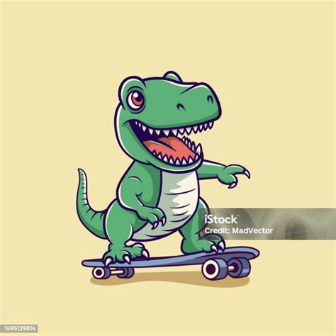 벡터 행복하고 웃는 공룡 만화 녹색 공룡 티라노사우루스 렉스 스케이트보드에 윤곽선이 있는 티렉스 디자인 템플릿 스케이터 공룡 재미있는 프린트 어린이를 위한 티셔츠 디자인