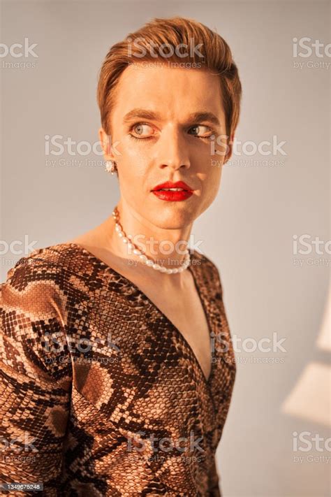 Gender Fluid Male Dressed As Female With Gorgeous Make Up Looking Away