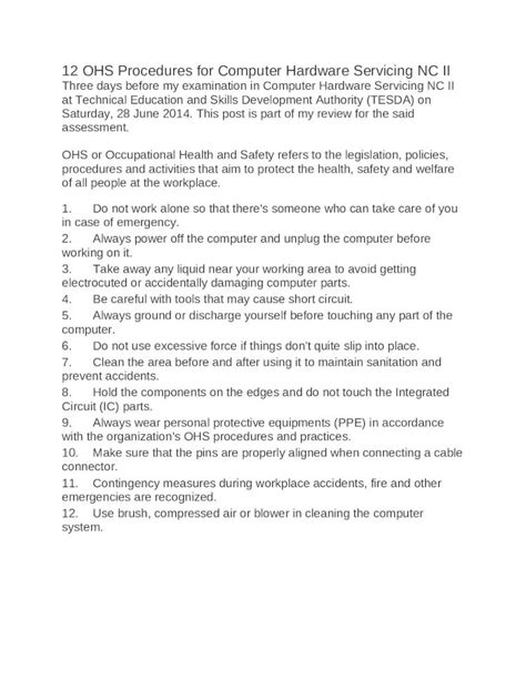 docx 12 ohs procedures for computer hardware servicing nc ii
