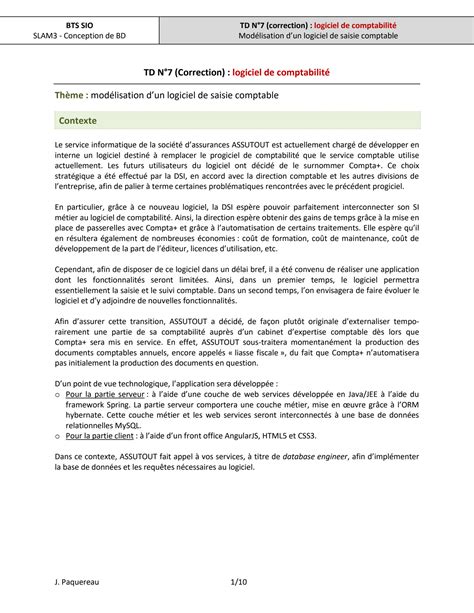 SOLUTION Td N 7 Mod Lisation D Un Logiciel De Saisie Comptable Corrig