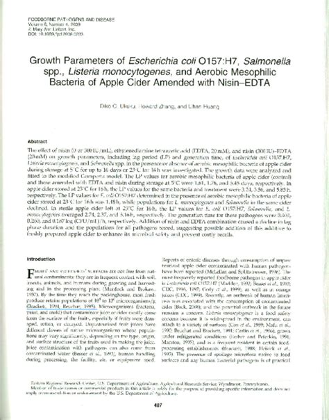 Pdf Growth Parameters Of Escherichia Coli O157 H7 Salmonella Spp Listeria Monocytogenes