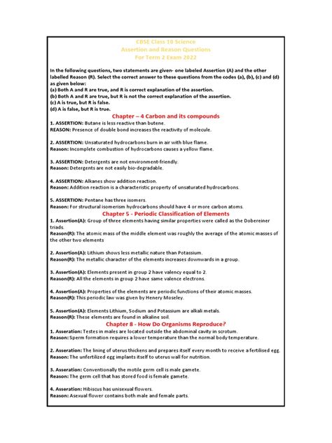 Cbse Class 10 Science Assertion Reason Questions For Term 2 Exam 2022