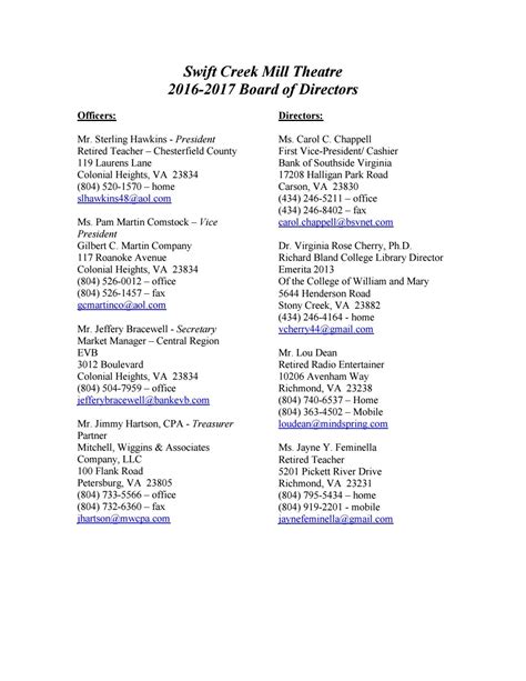 Board Of Directors Listing 2016 2017 By Swift Creek Mill Theatre Issuu