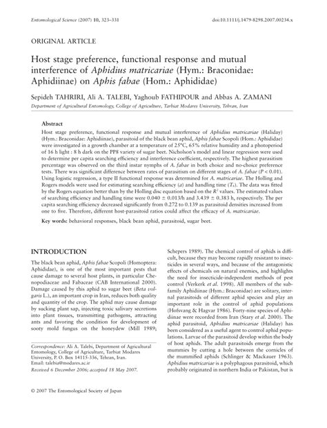 Pdf Host Stage Preference Functional Response And Mutual Interference Of Aphidius Matricariae