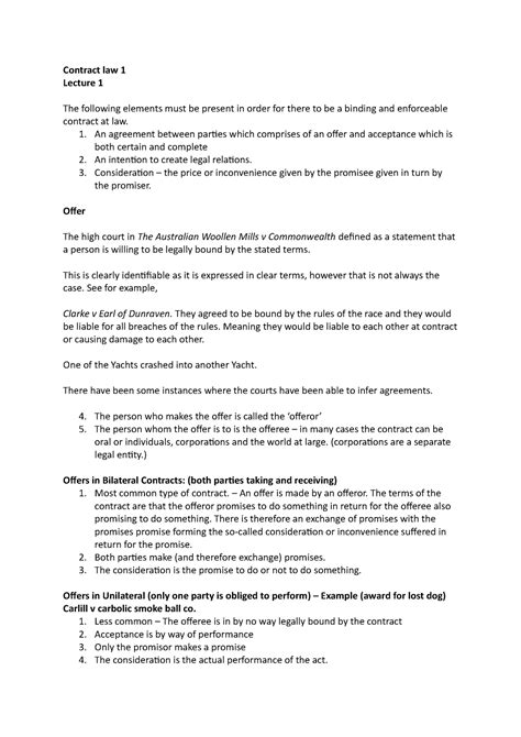 Offer Week 1 Lecture Contracts 1 Contract Law 1 Lecture 1 The Following Elements Must Be