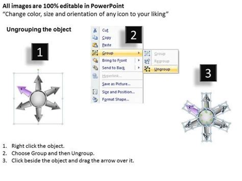 6 Diverging Branches Of Process Relative Circular Arrow Chart Powerpoint Template