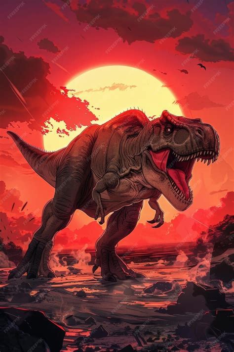 A Brutal Horned Tyrannosaurus Rex Stands Roaring Under A Red Sun Its Demonic Form And Primal