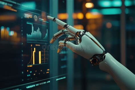 A Robotic Hand Interacts With A Digital Display Showcasing Data And Analytics Stock Illustration