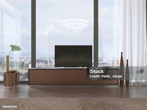 나무 Tv 캐비닛 현대적인 스타일에 큰 창으로 설정 하는 Tv 라운드 테이블과 바닥 램프입니다 나무는 화병 0명에 대한 스톡