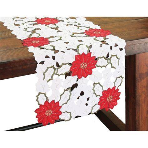Holiday Poinsettia Embroidered Cutwork Mini Table Runner 12 By 28 Inch