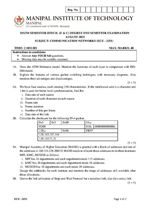 Communication Networks ECE 3251 ECE 3251 Page 1 Of 2 SIXTH SEMESTER BTECH E C DEGREE