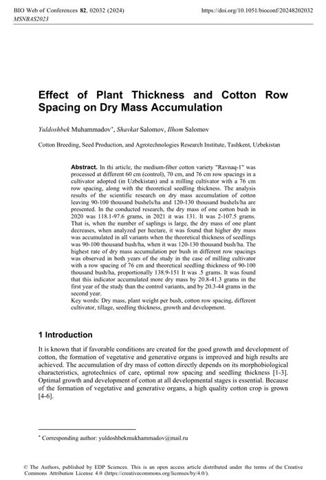 Pdf Effect Of Plant Thickness And Cotton Row Spacing On Dry Mass Accumulation