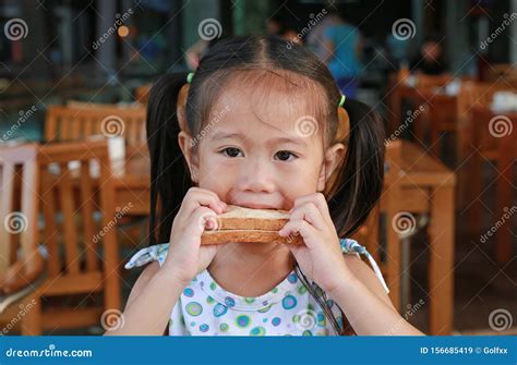 Cute Little Asian Girl Bite Bread Sheet Asian Girl Having Breakfast