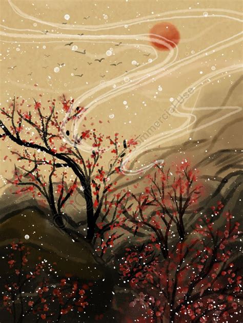 復古水墨畫唯美雪景梅花圖 復古 梅花 雪景插畫素材，桌布背景免費下載 免版稅 イラスト画像 水墨画 水墨