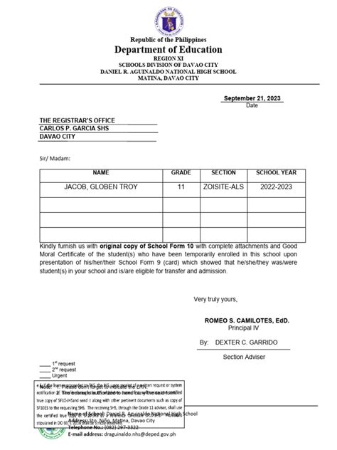 School Request For Sf10 Pdf