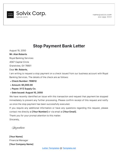 Free Stop Payment Bank Letter Template To Edit Online