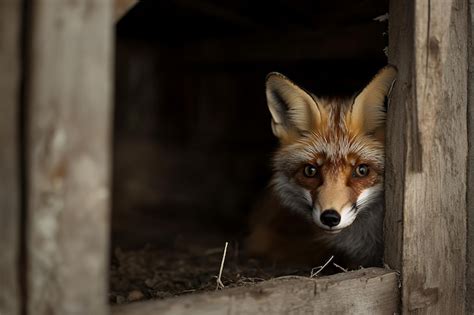 Red Fox Peering Through A Hole In A Wooden Structure Premium Ai