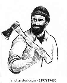 Bearded Lumberjack Ink Black White Illustration Stock Illustration
