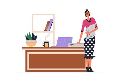 Business Lady Web Concept With People Scene In Flat Design Woman Entrepreneur Working At Her