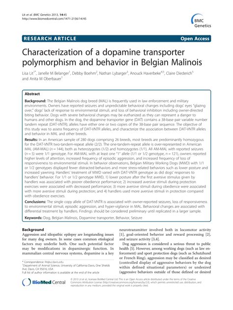 Pdf Characterization Of A Dopamine Transporter Polymorphism And Behavior In Belgian Malinois