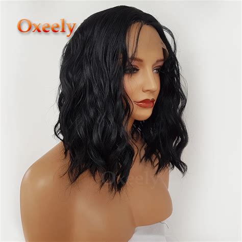 Oxeely Water Wavy Lob Hair Black Color Synthetic Lace Front Wigs
