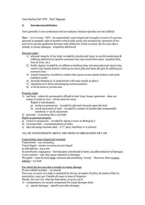 Torts Law Outline Professor Cameron Torts Outline Fall 1999 Prof