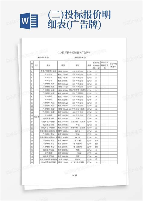 二投标报价明细表广告牌 Word模板下载编号qrwxyrwb熊猫办公
