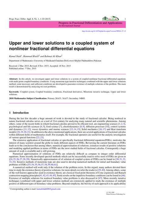 Pdf Upper And Lower Solutions To A Coupled System Of Nonlinear Fractional Differential Equations